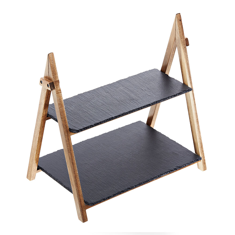 Leone Duo Stand in Acacia and Slate Shelves - Soteriou Professional