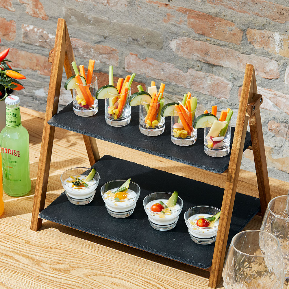 Leone Duo Stand in Acacia and Slate Shelves - Soteriou Professional