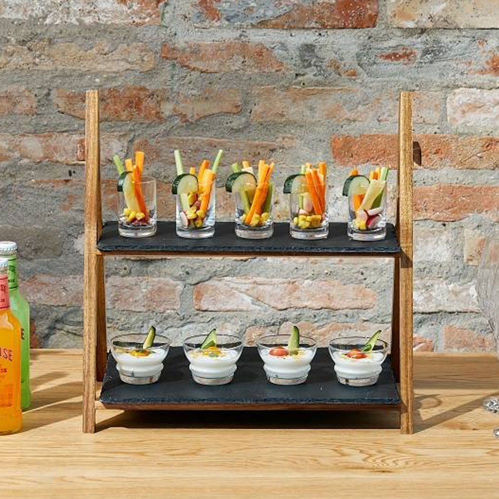 Leone Duo Stand in Acacia and Slate Shelves - Soteriou Professional